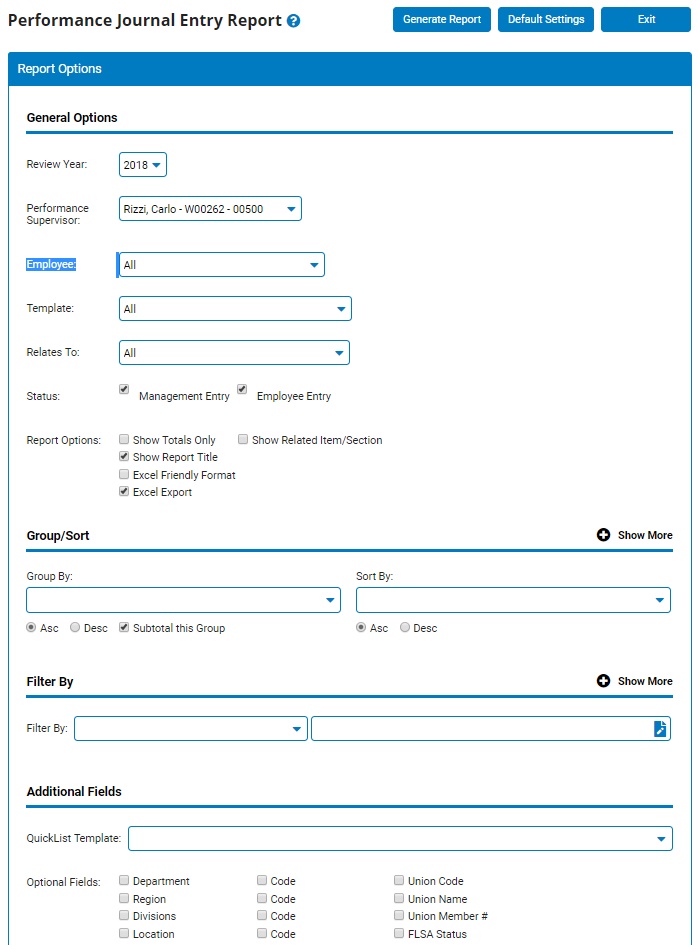 Performance Journal Entry Report